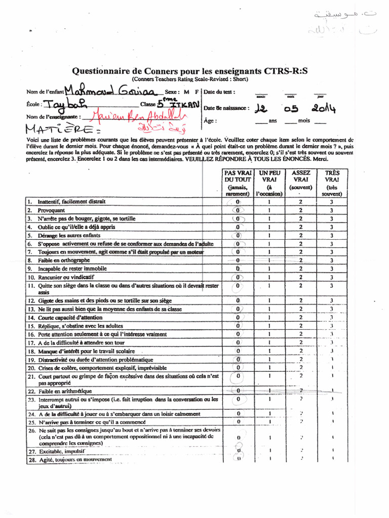 Questionnaire de Conners Pour Les Enseignants | PDF
