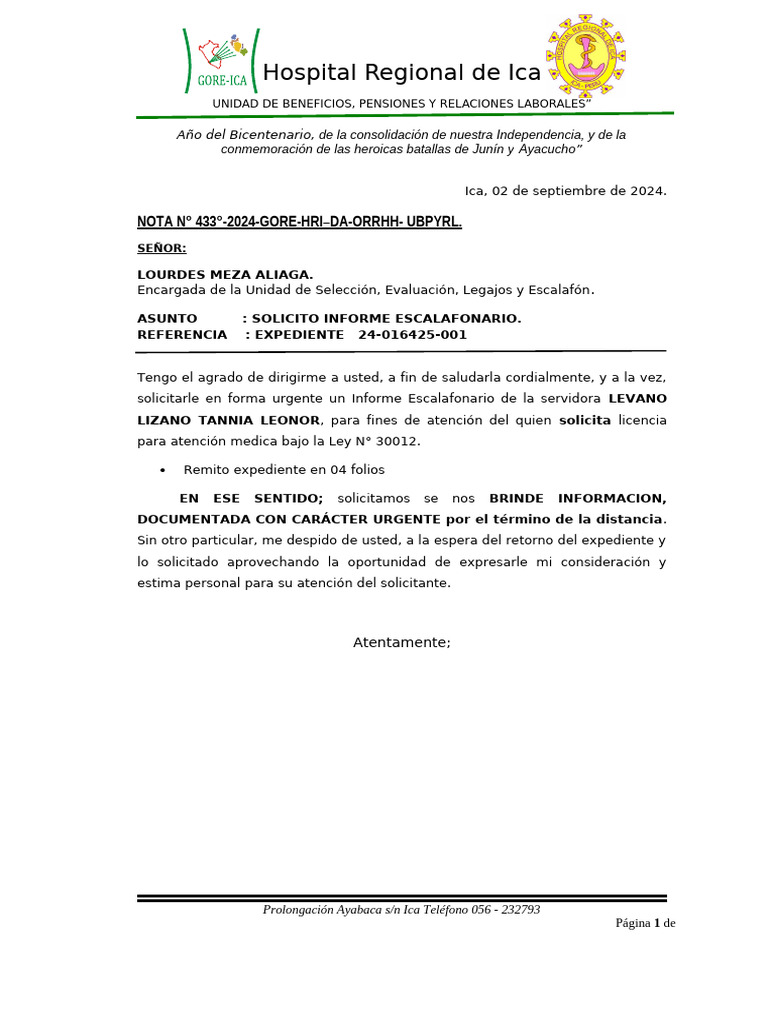 Solicitud de Informe Escalafonario Urgente | PDF