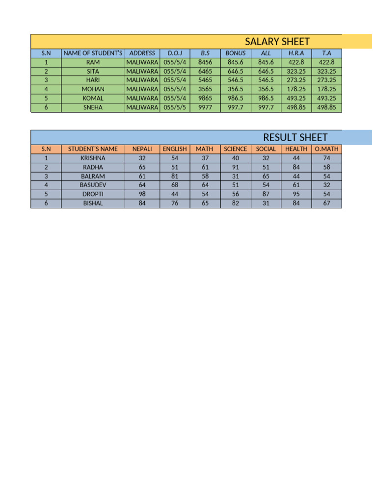 Salary Sheet and Result Sheet | PDF