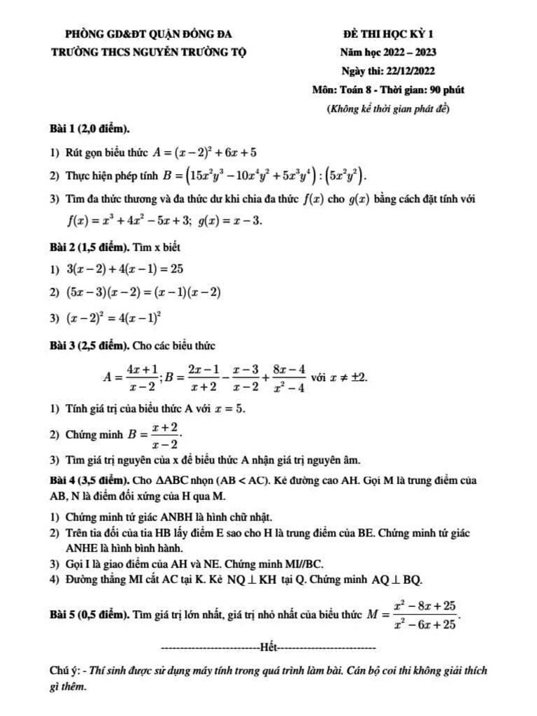 De Hoc Ki 1 Toan 8 Nam 2022 2023 Truong Thcs Nguyen Truong To Ha Noi | PDF