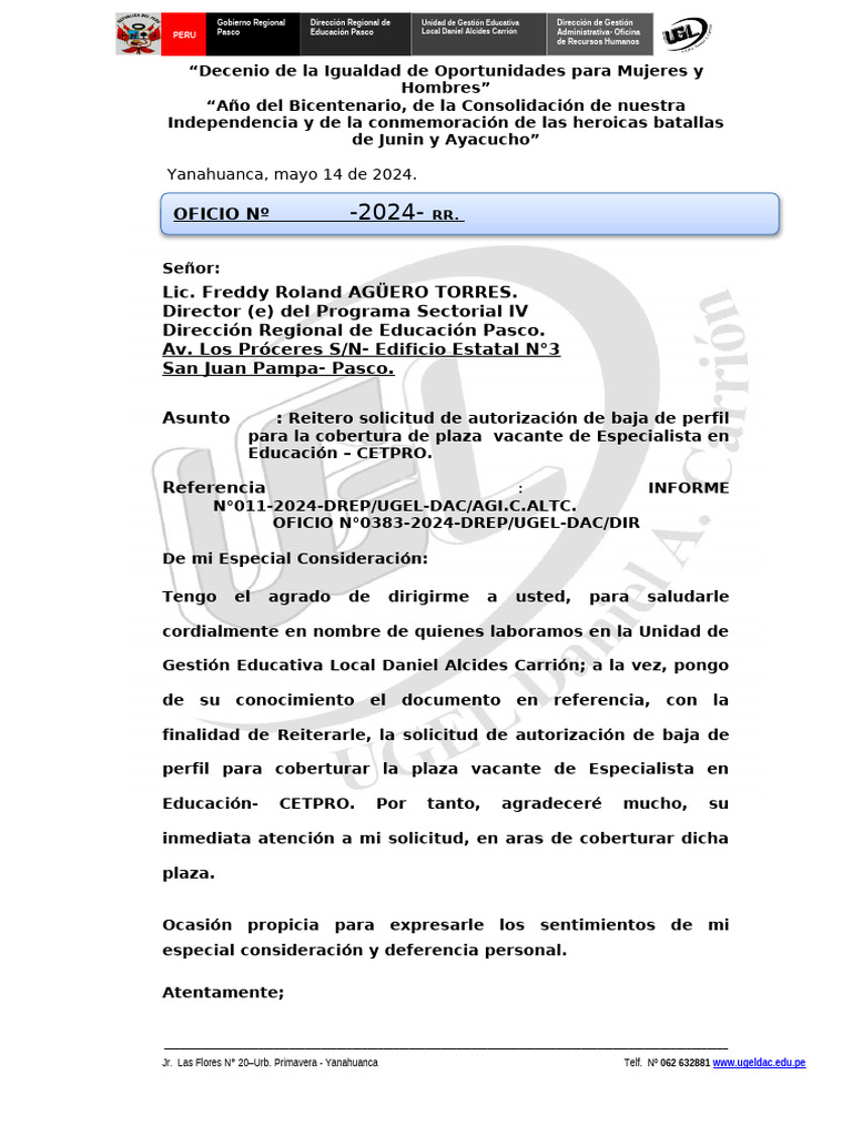 Reitero Solicitud de Baja de Perfil Caso Cetpro - Ugel Dac | PDF