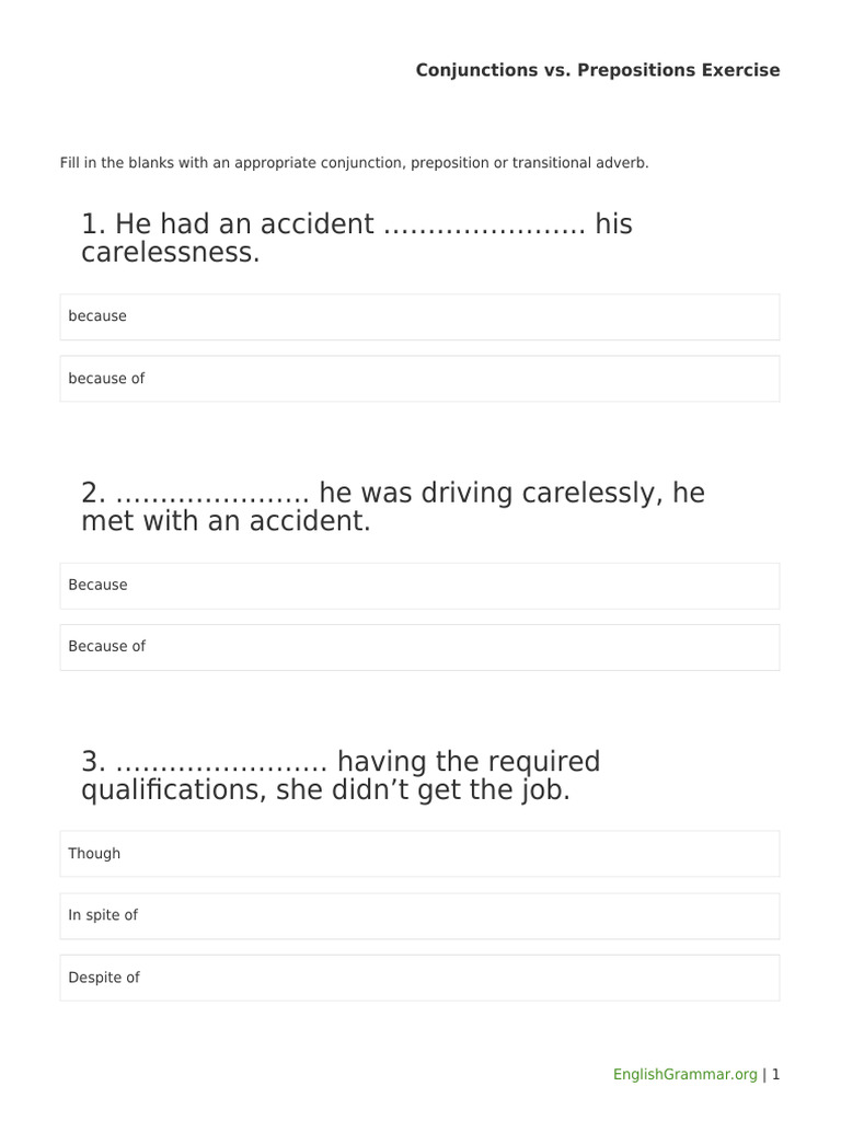 Conjunctions vs. Prepositions Exercise | PDF | Syntactic Relationships ...