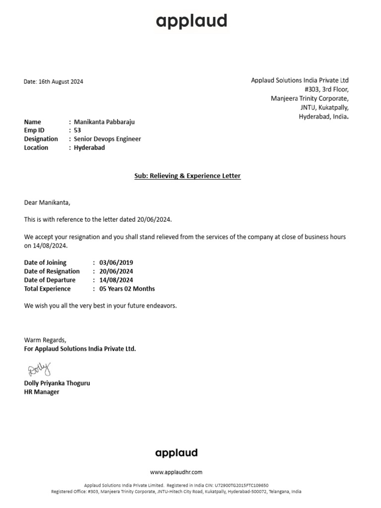 Experience Letter for Manikanta Pabbaraju | PDF