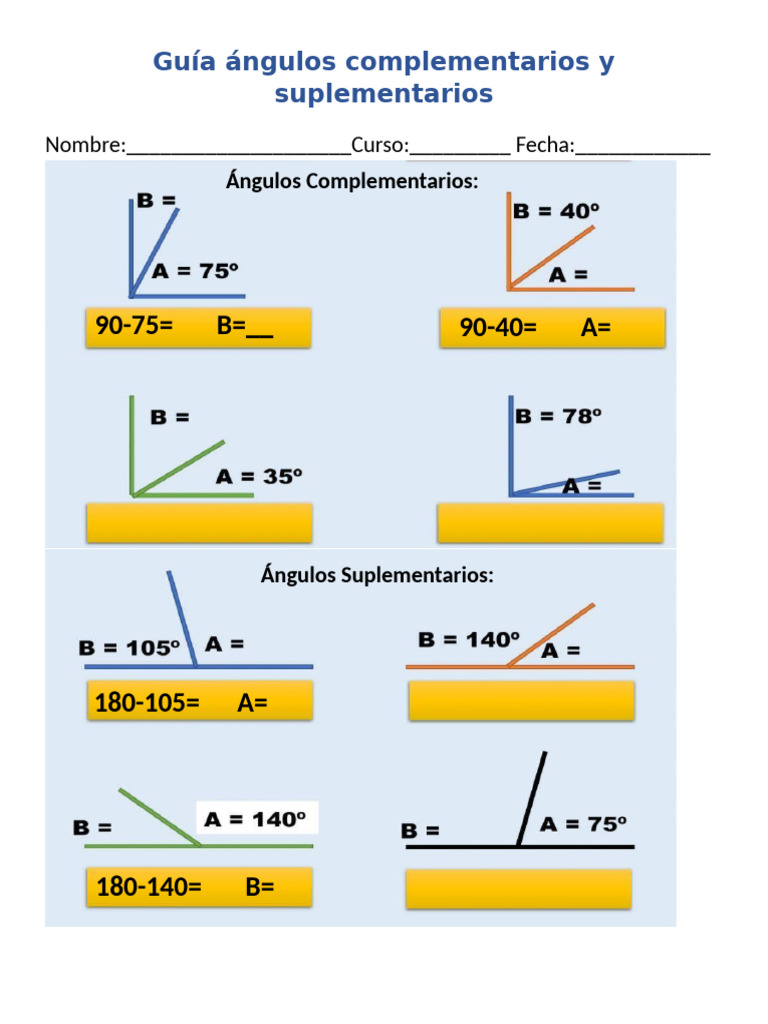 Guía Ángulos Complementarios y Suplementarios | PDF
