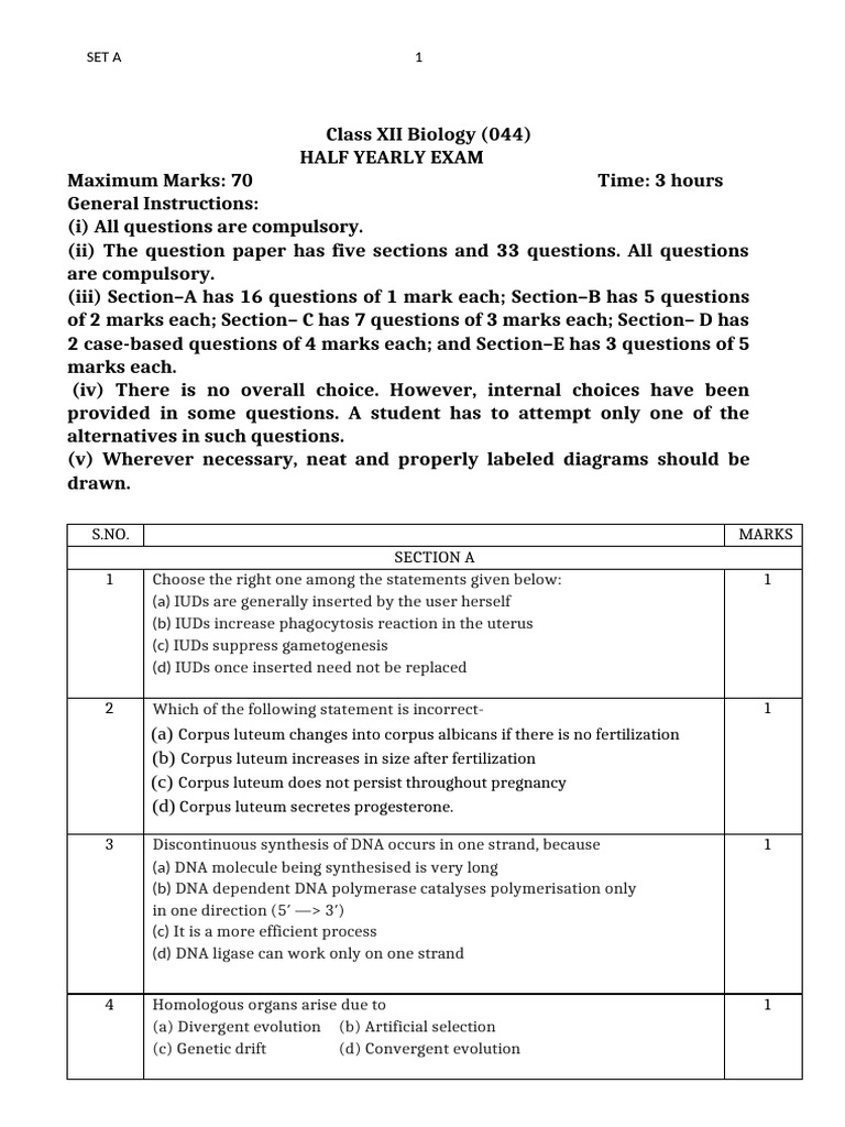 Hy - QP - Set A Xii Biology | PDF | Operon | Genetics