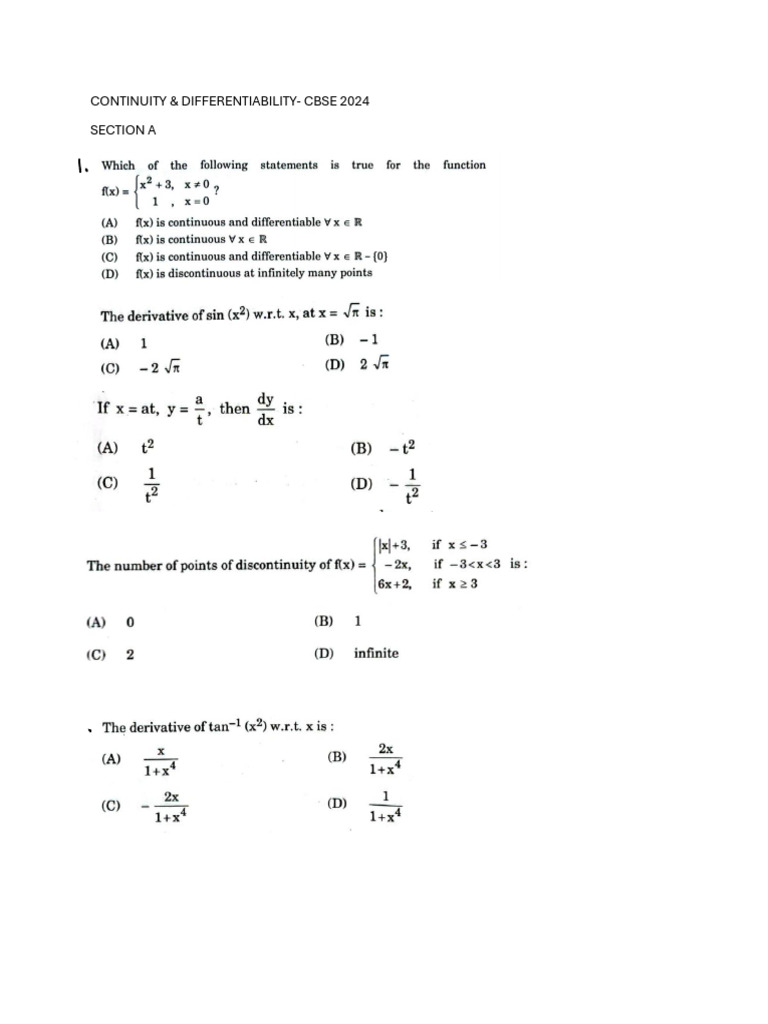 Continuity & Differentiability - Cbse 2024 | PDF