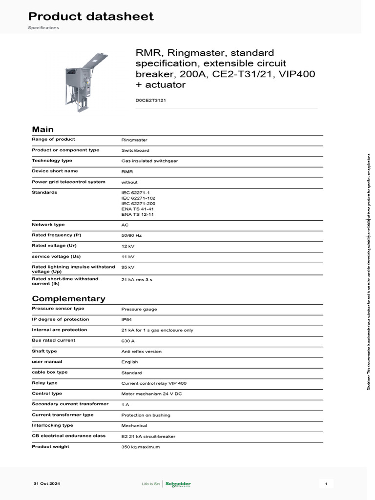 Schneider Electric Ringmaster D0CE2T3121 | PDF | Electrical Engineering | Equipment