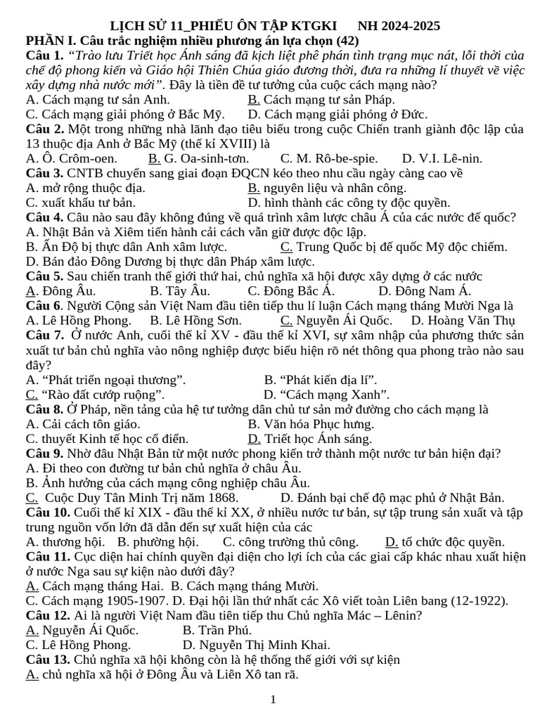 Phiếu ôn KTGKI - GV Lịch sử 11 | PDF