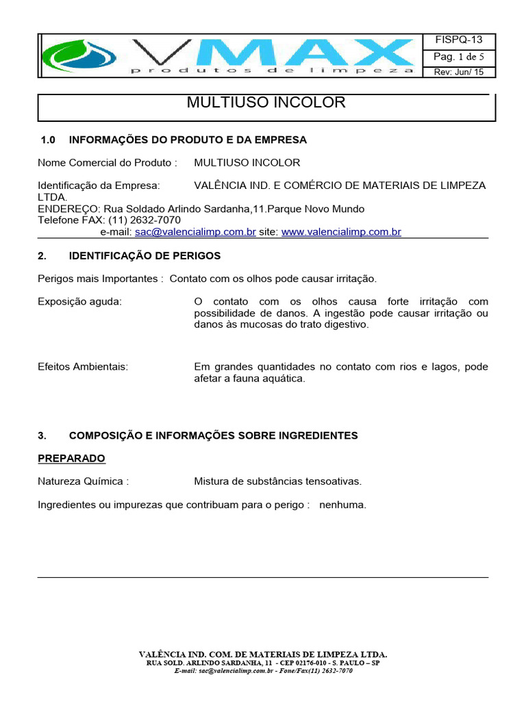 FISPQ Multi Uso Incolor Vmax | PDF | Desperdício | Águas residuais