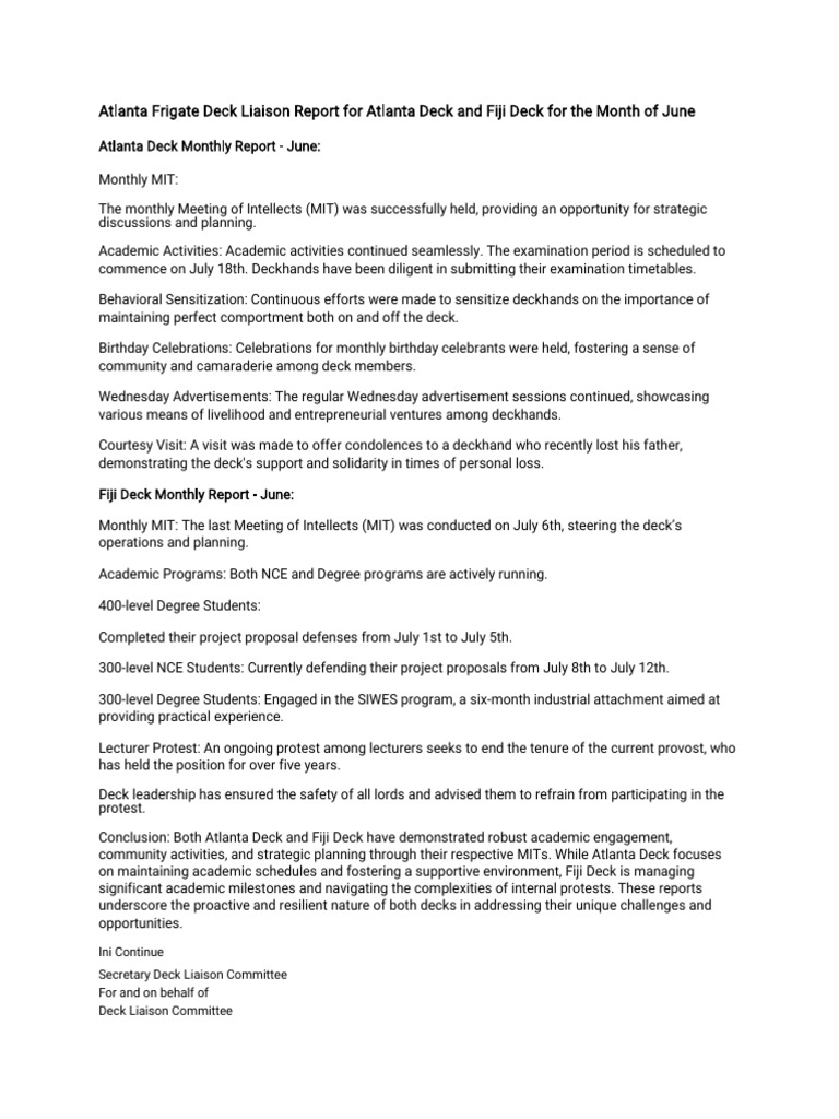 Deck Liaison Committee Report For June | PDF