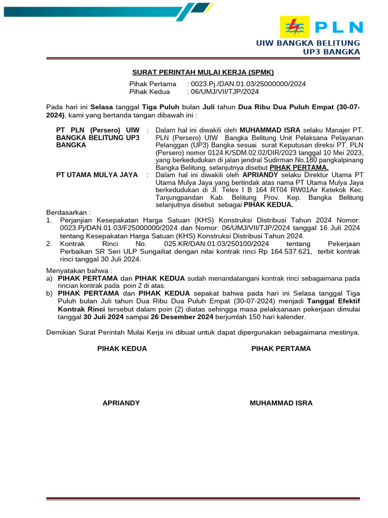 3.surat Perintah Mulai Kerja (SPMK) - Perbaikan SR Seri Ulp Sungailiat | PDF