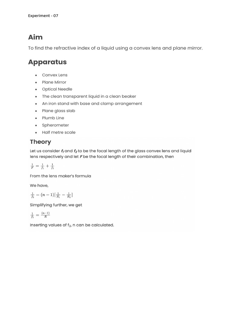 Measuring Liquid Refractive Index Experiment | PDF
