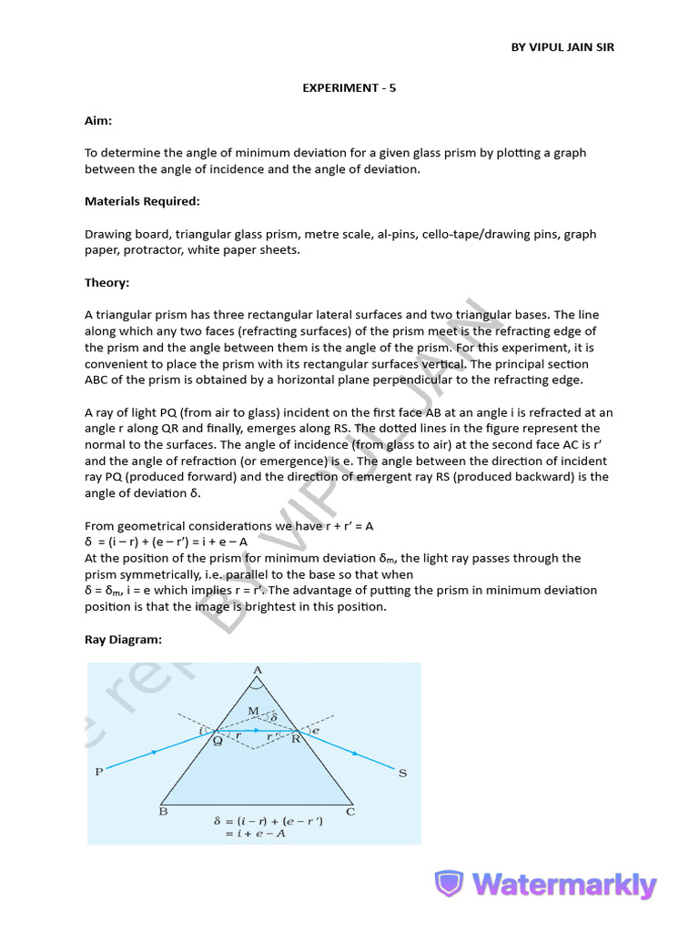 To Determine The Angle of Minimum Deviation For A Given Glass Prism by Plotting A Graph Between ...