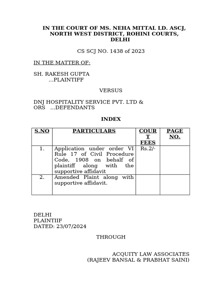Order 6 Rule 17 (Rakesh Gupta vs. DNJ Hospitality) | PDF | Lawsuit ...
