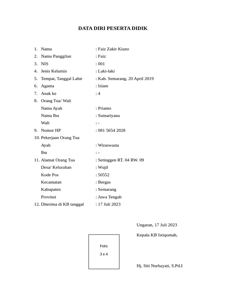 Data Diri Peserta Didik KB Istiqomah | PDF