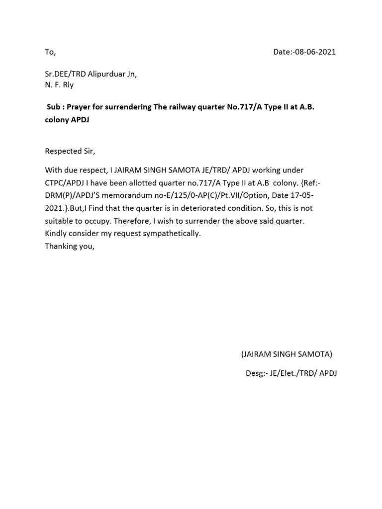 Qurter Surrender Application | PDF