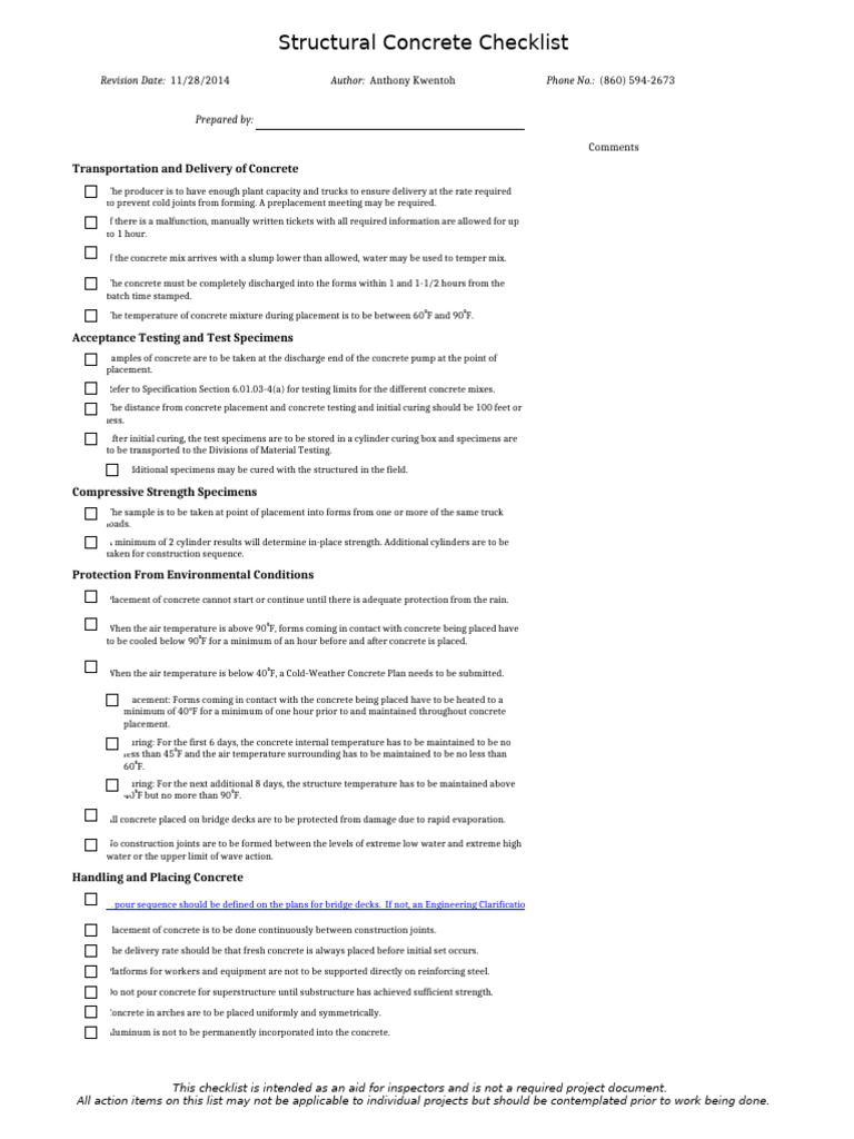 Structural Concrete Checklistxls | PDF | Concrete | Prestressed Concrete