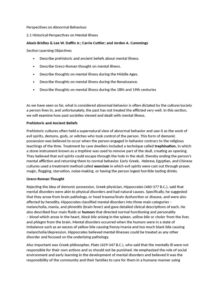 Historical Views on Mental Illness | PDF | Medicine
