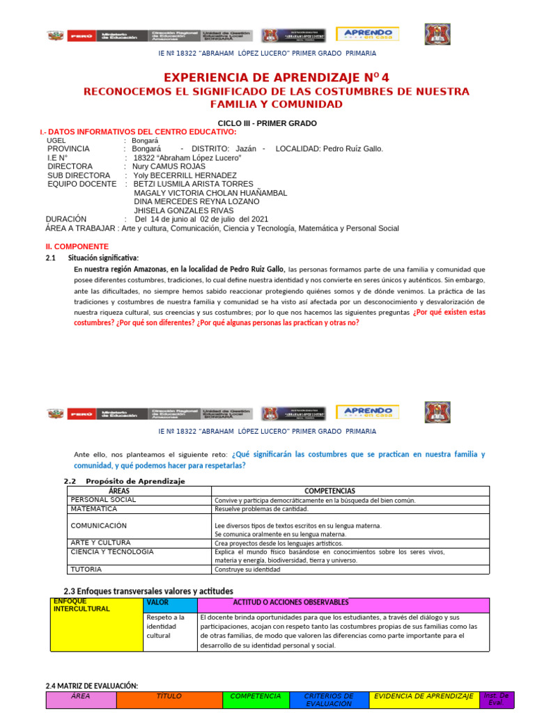 Experiencia de Aprendizaje N - 04 Junio - Julio Primer Grado | PDF | Aprendizaje | Bailes