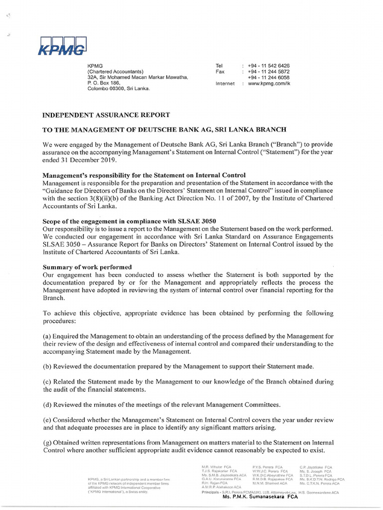 KPMG Certification On Internal Control 2019 | PDF