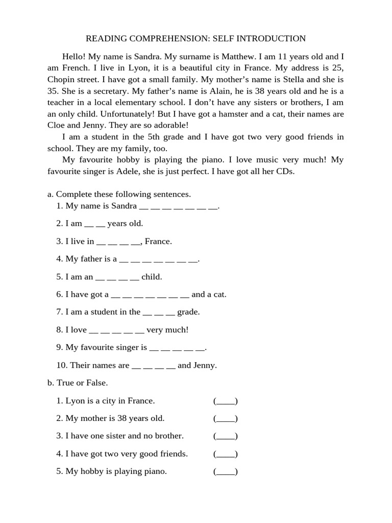 Reading Comprehension Self Introduction | PDF