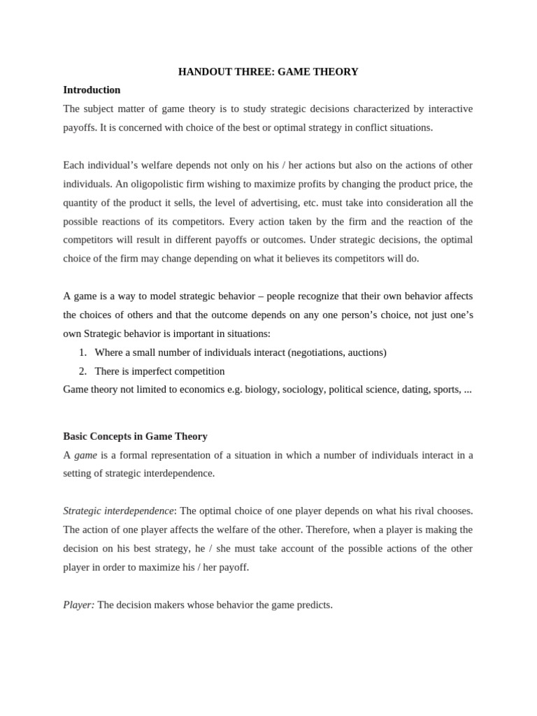 Handout 6 Game Theory | PDF | Game Theory | Gaming