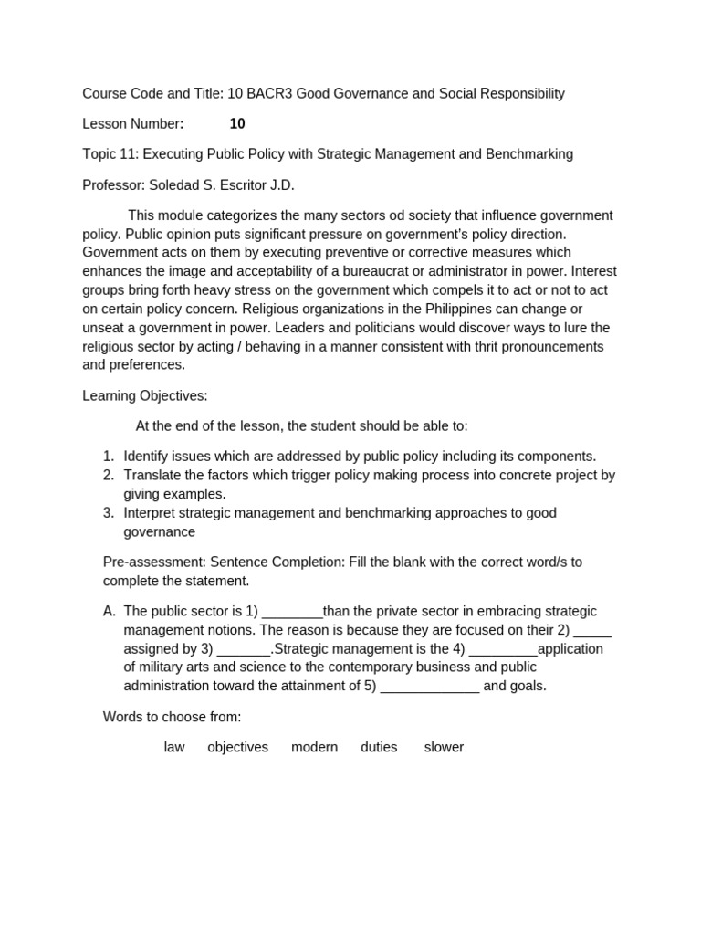 Module 10 11 Executing Public Policy With Strategic Management and Benchmarking 1 | PDF ...