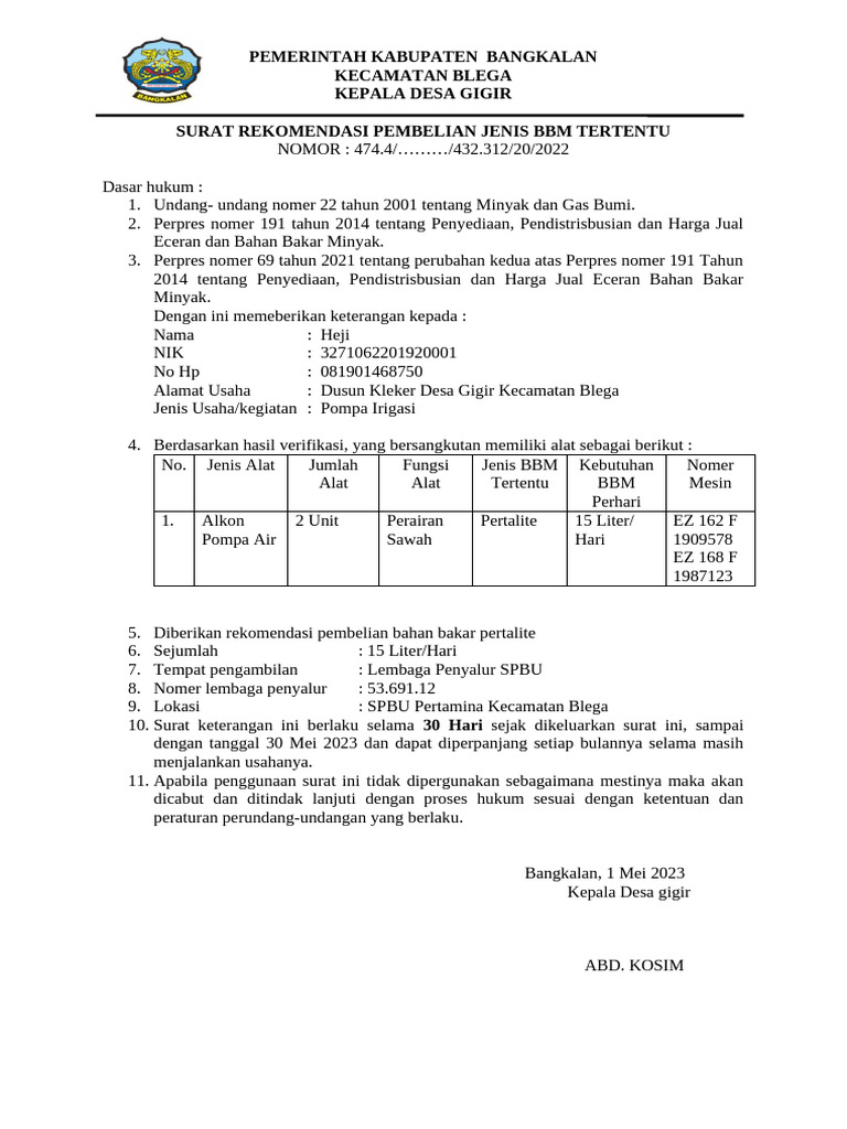 SURAT PERNYATAAN PEMBELIAN SOLAR | PDF