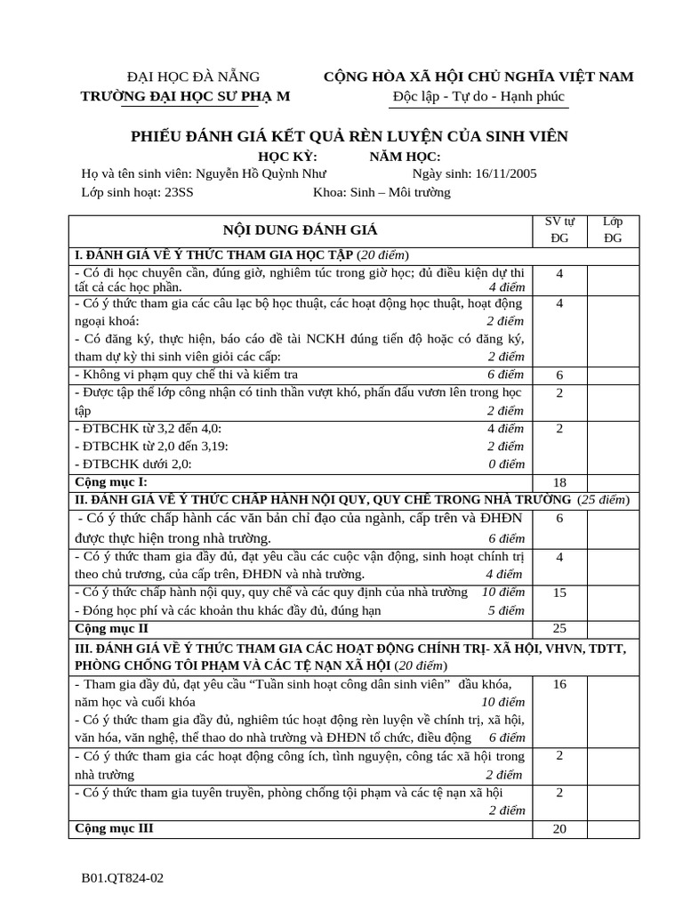 Phieu Danh Gia Ket Qua Diem Ren Luyen | PDF