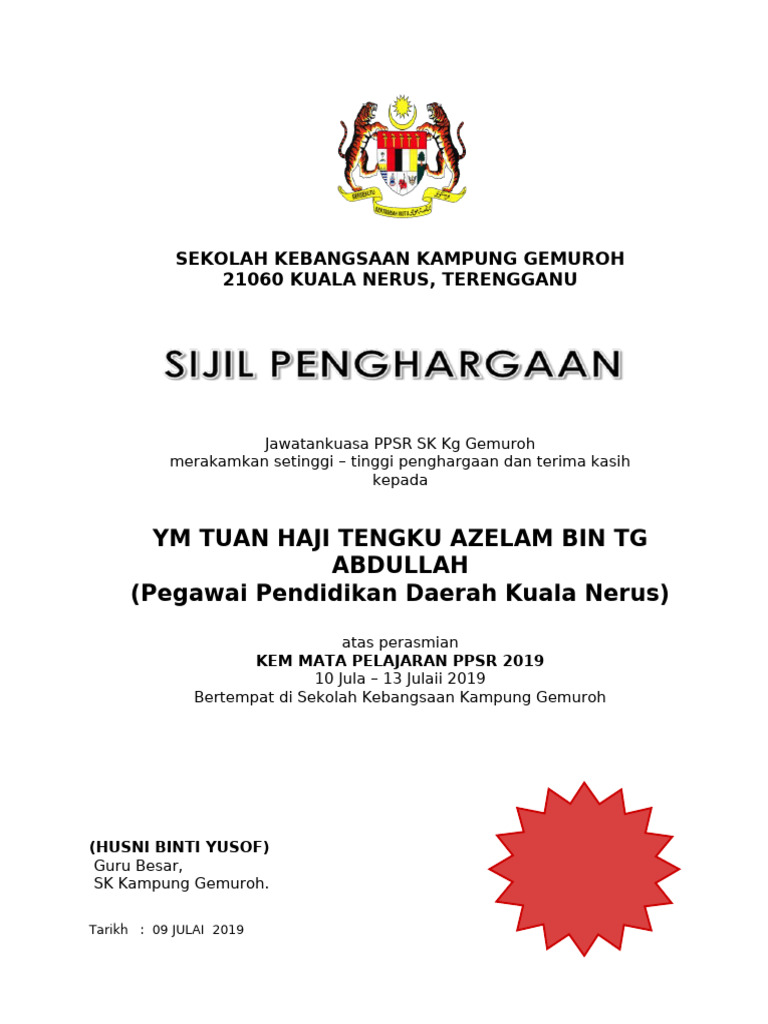 sijil penghargaan Perasmi | PDF