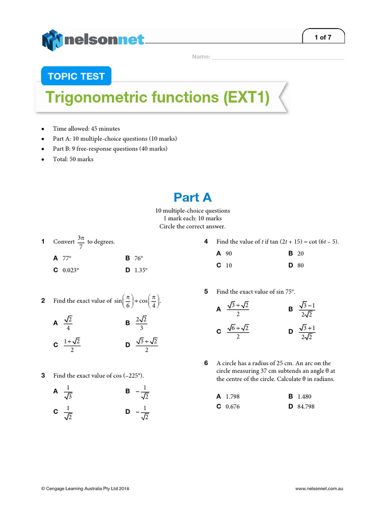 11 - Trigonometric Functions (Ext1) | PDF | Trigonometric Functions ...