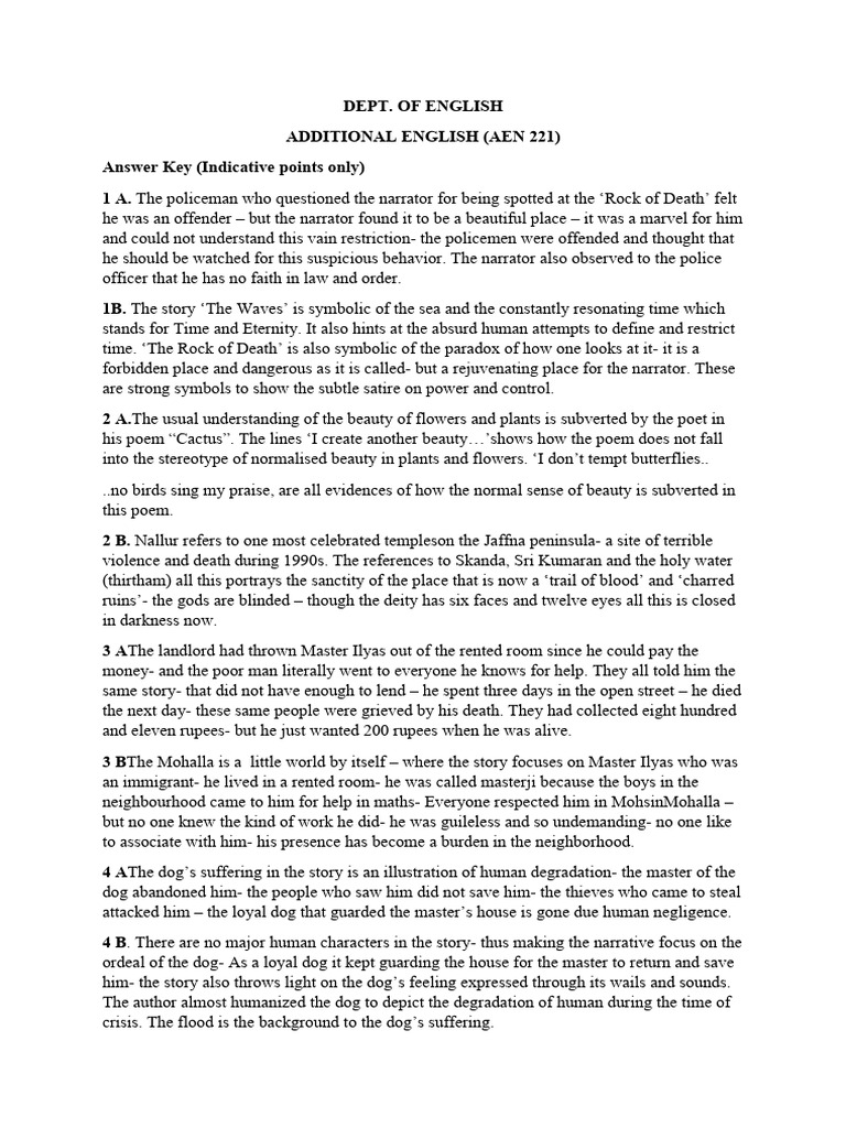 Dept. of English Additional English (Aen 221) Answer Key (Indicative ...