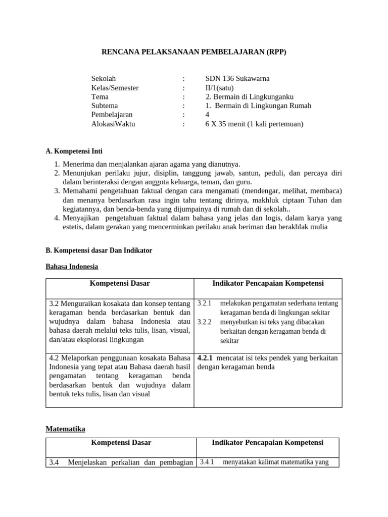 RPP Kelas 2 Tema 2 ST 1 PB 4 | PDF