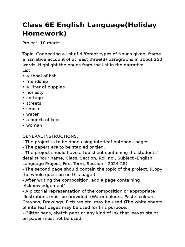 Class 6E English Language (Holiday Homework) 20240423101248 | PDF