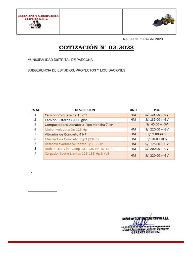 Cotizacion Maquinaria | PDF