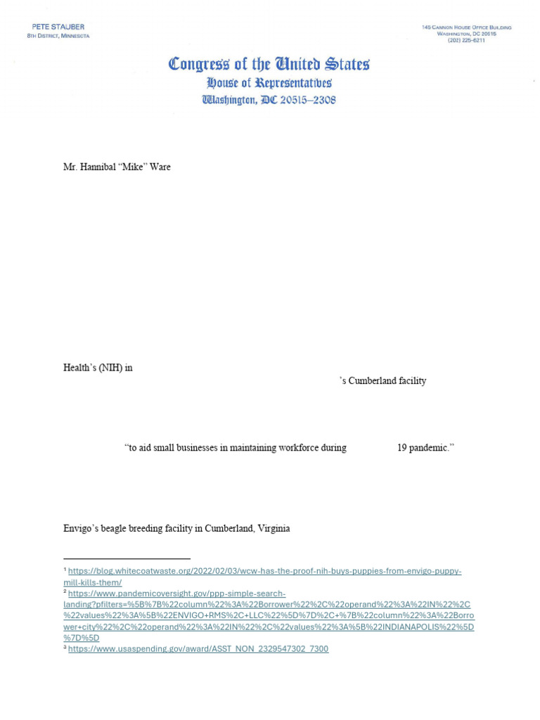 11.26.2024 Stauber Letter To SBA - Envigo | PDF