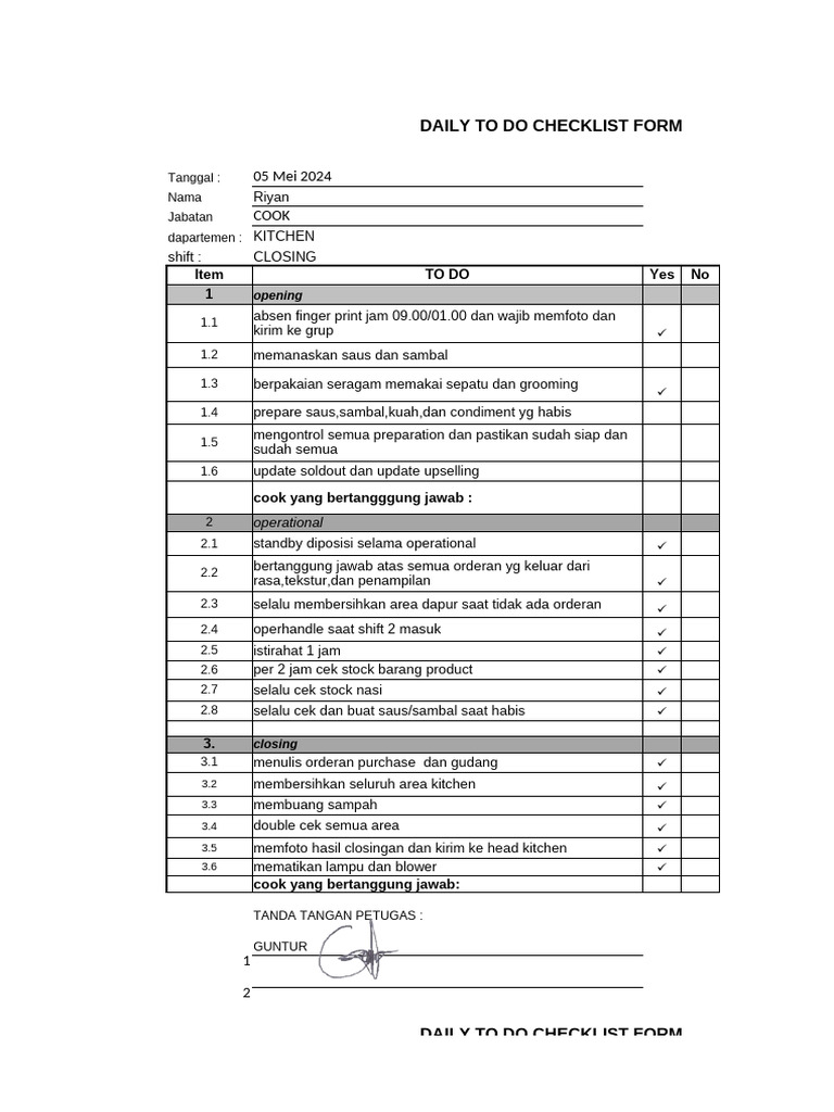 Daily To Do Checklist Kitchen 14 Mei 2024 TTD | PDF