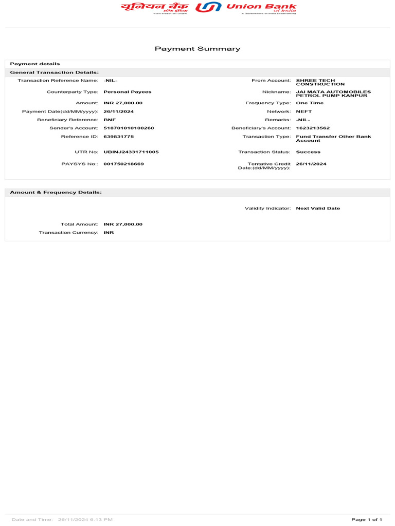 NEFT Payment Summary for INR 27,000 | PDF