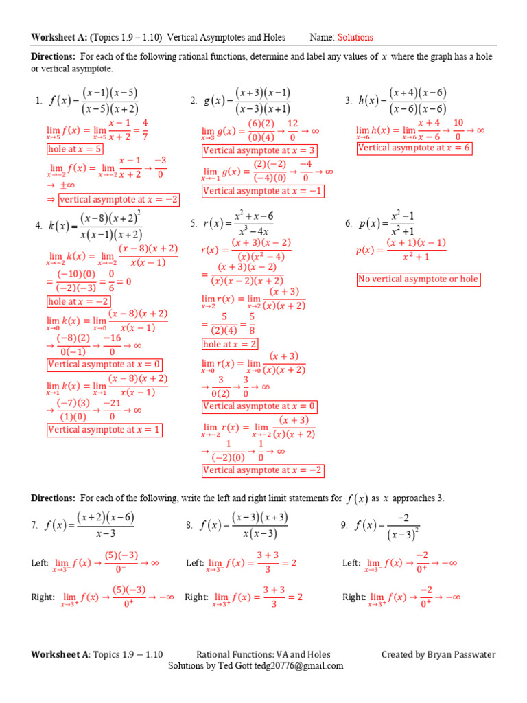 Worksheet A: VA and Holes Practice | PDF | Asymptote | Algebraic Geometry