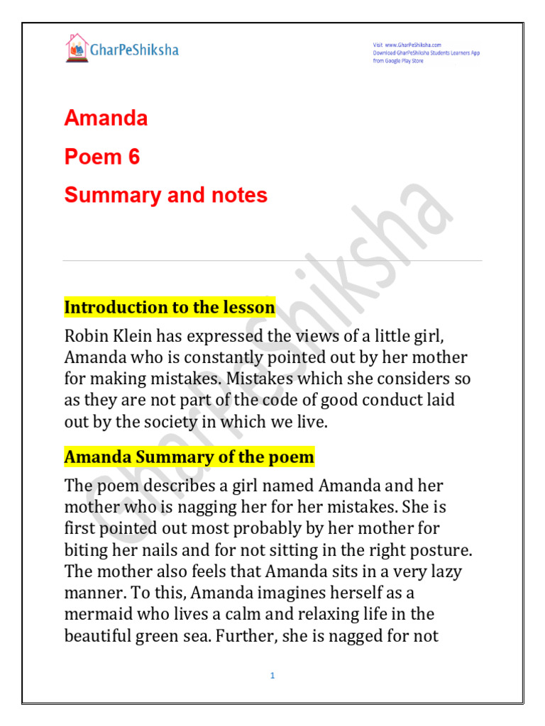 Amanda Poem 6 Class 10 | PDF | Rapunzel