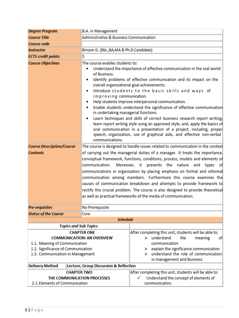 Business Communication Course Outline | PDF | Communication ...