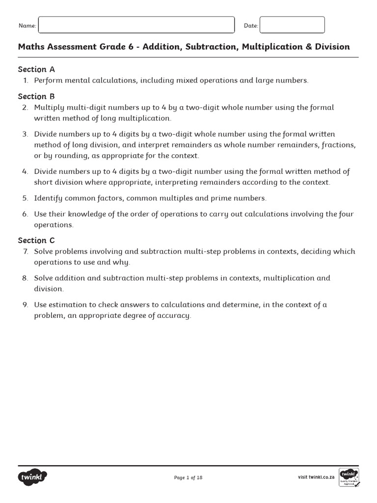 Grade 6 Maths Assessment Worksheet | PDF | Multiplication | Elementary ...