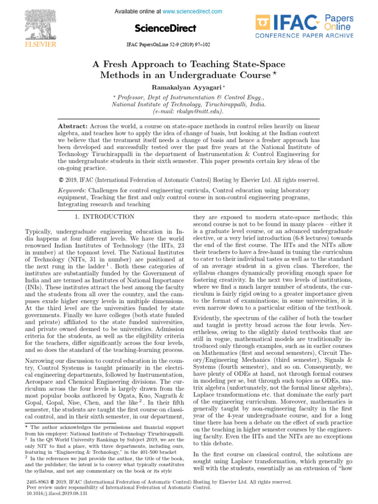 A Fresh Approach To Teaching State-Space Methods in An Undergraduate Course | PDF | Algebra