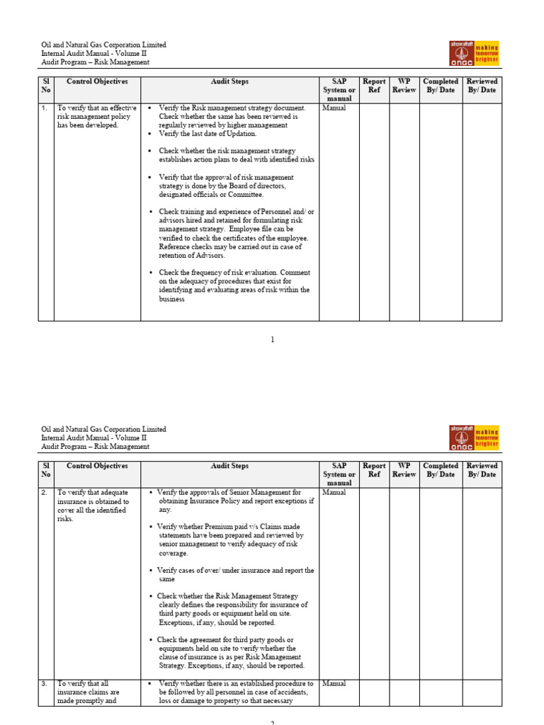 SL No Control Objectives Audit Steps SAP System or Manual Ref WP Review ...