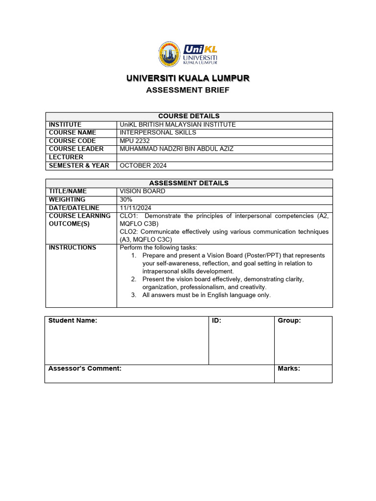 Vision Board Assessment Guide | PDF | Goal | Nonverbal Communication