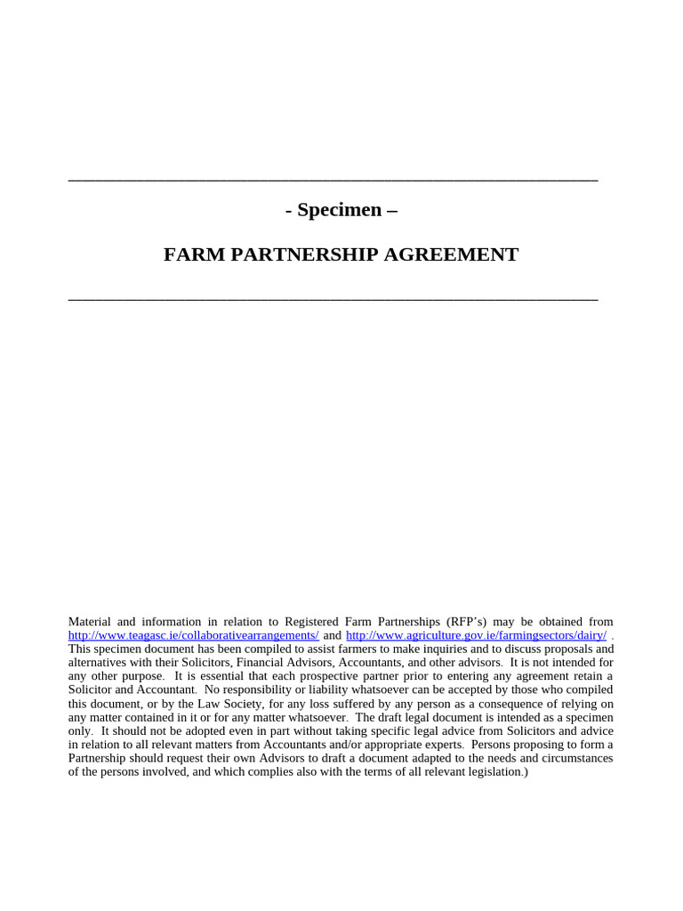 Specimen - Farm Partnership Agreement | PDF | Partnership | License