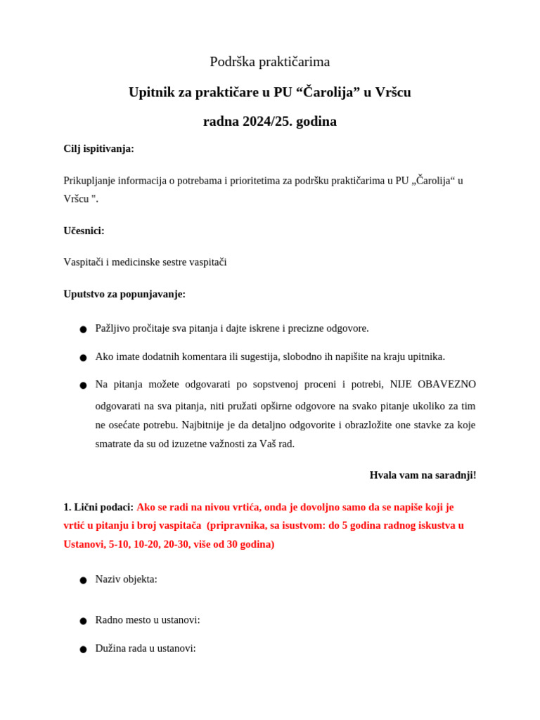 Upitnik Za Prakticare - Sablon | PDF