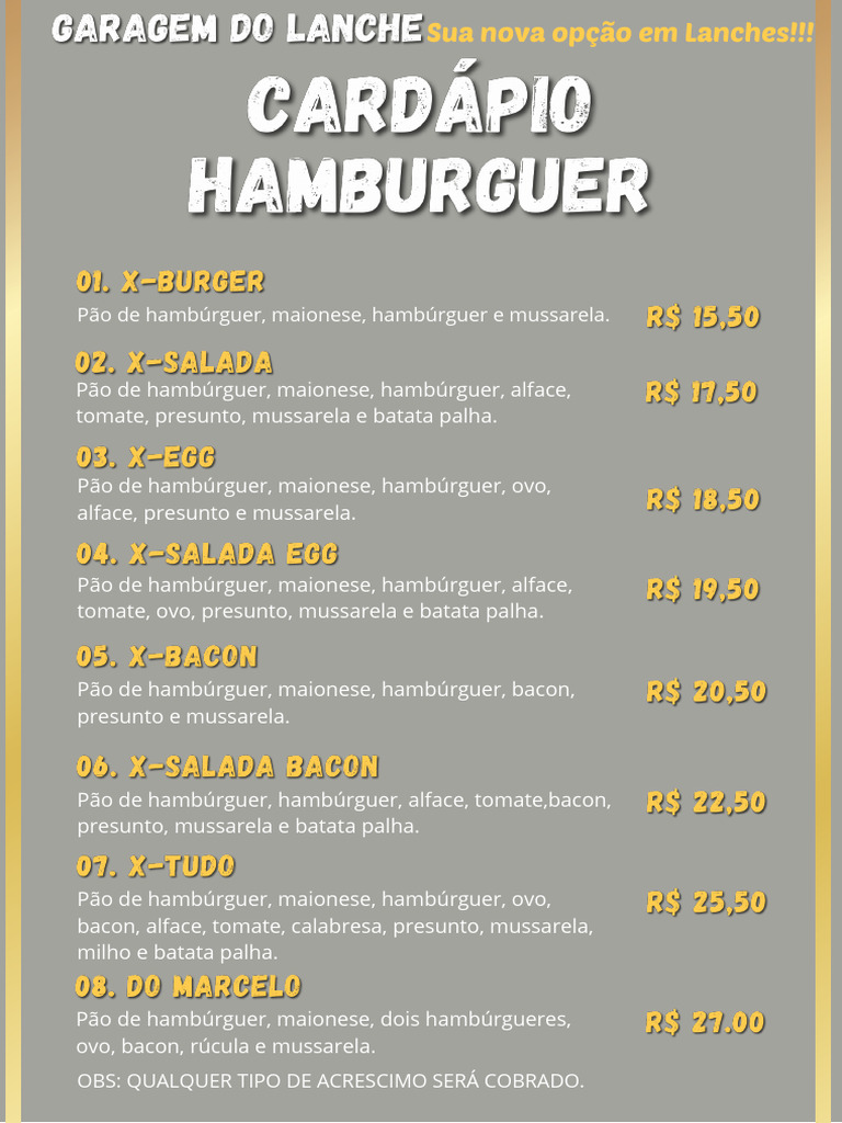 Cardápio Formato A4 para Lanchonete | PDF | Hambúrgueres | Cachorro-quente
