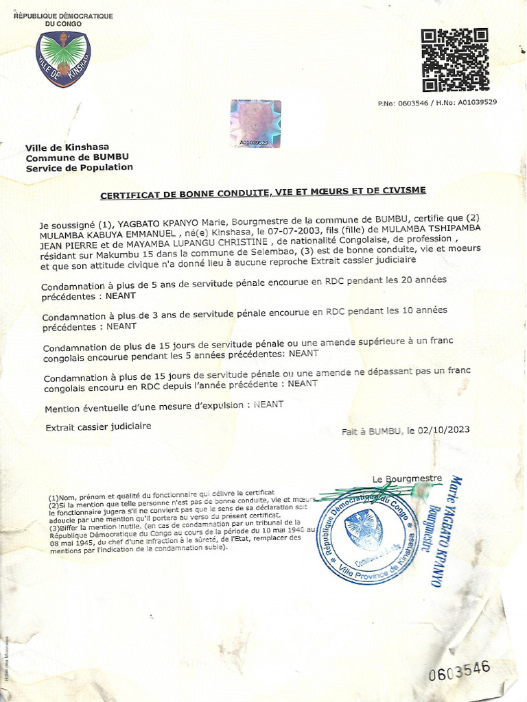 Certificat De Bonne Vie Et Moeurs 2025 – PYTSHG