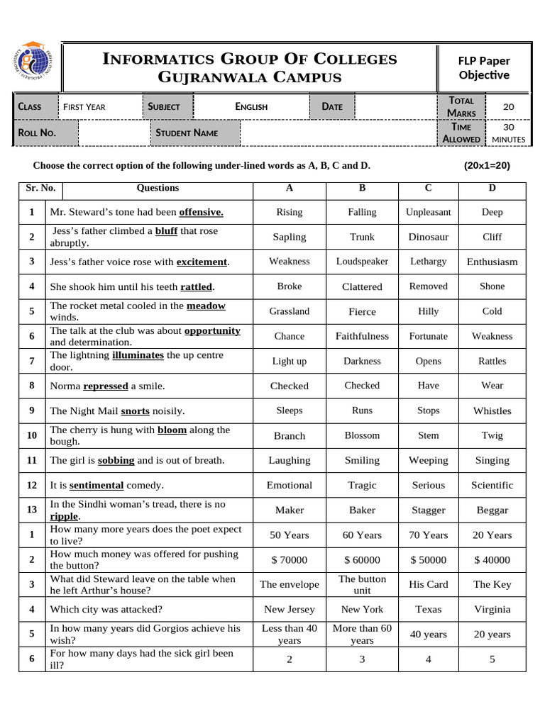 1st Year FLP Paper Objective | PDF